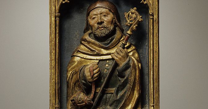 Hl. Korbinian oder hl. Gallus im Schreinrahmen mit Baldachin (Relief ...