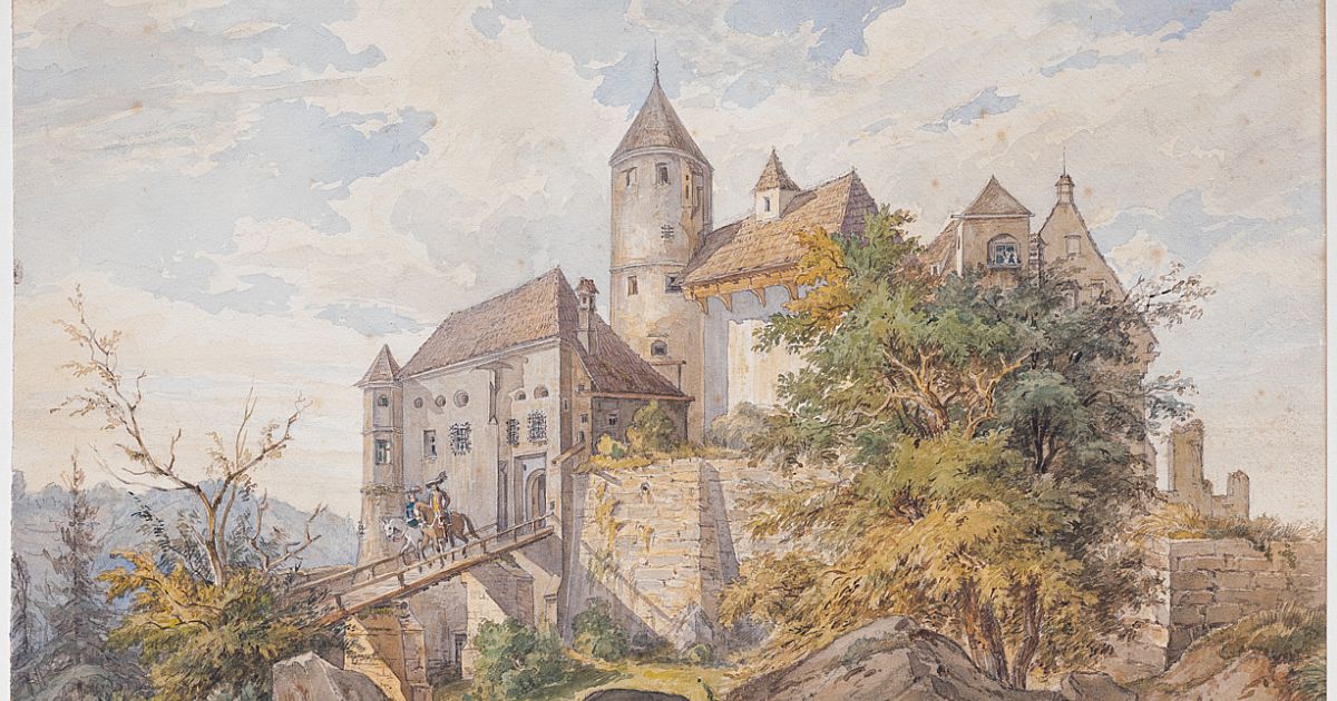 Aquarell: Alte Burg mit zwei Reitern auf der Brücke - Bayerisches ...