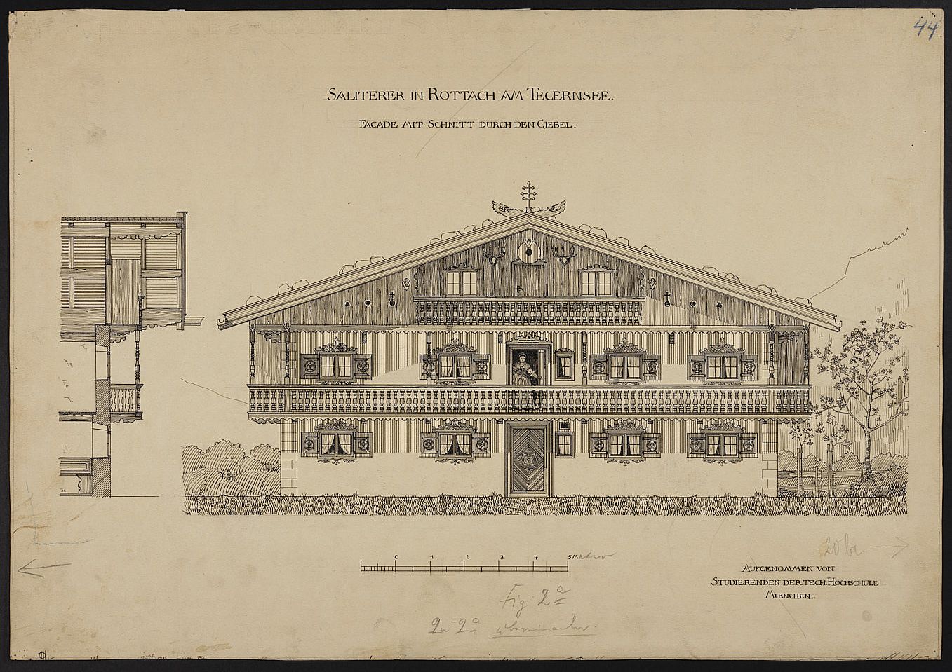 Zeichnung: Maßstäbliche Dokumentationszeichnung der Gibelseite des Wohnhauses eines bäuerlichen ...