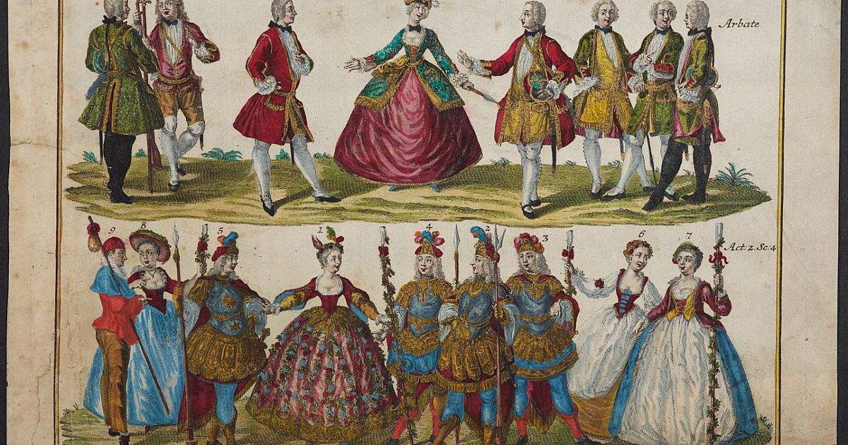 Radierung, kol.: La Princesse d’Élide, Akt 1, Sz. 3, Akt 2, Sz. 4 ...