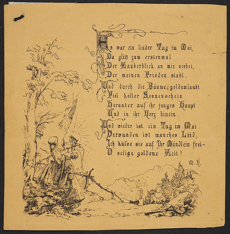 Lithografie: Gedicht mit Illustration zu Begegnung auf der Wanderung ...