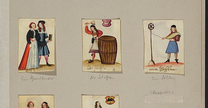 Miniatur auf Pergament: Handwerkerdarstellung, Buchbinder und Frau ...