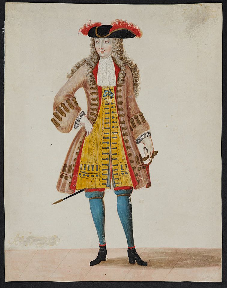 Malerei auf Pergament: Vornehmer Herr in modischer Kleidung ...