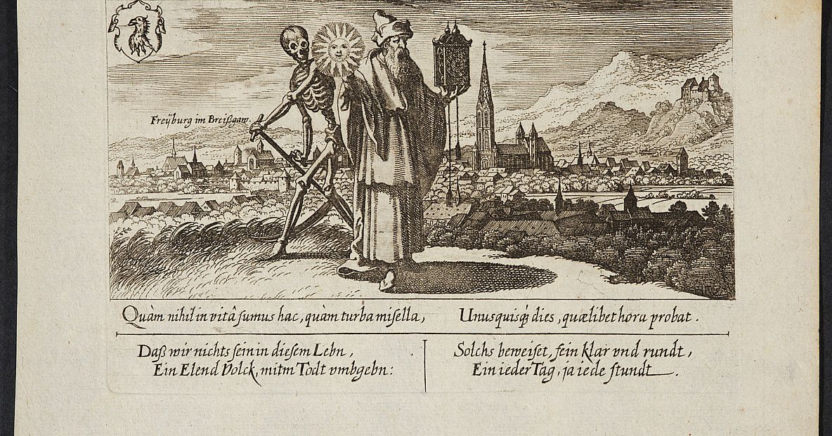 Radierung: Allegorische Todesdarstellung m. Ansicht von Freiburg/Br. - Bayerisches Nationalmuseum