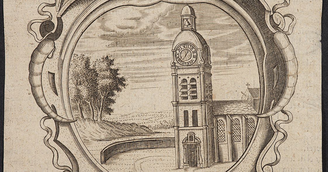Kupferstich: Kirchturmuhr i. Ornamentrahmen - Bayerisches Nationalmuseum