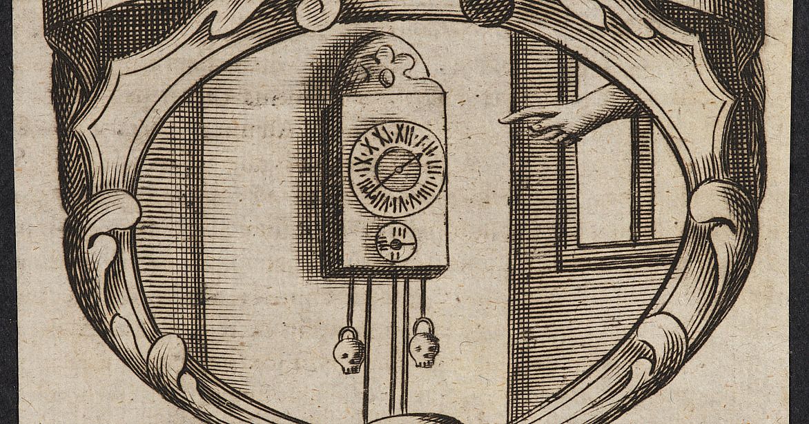 Kupferstich: Räderuhr mit Gewichten in Ornamentrahmen - Bayerisches Nationalmuseum