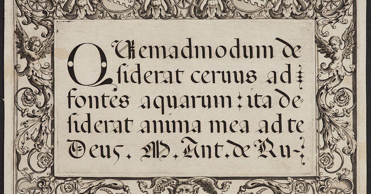 Kupferstich: Bibelpsalm Quem ad modum desiderat cervus ad fontes ...