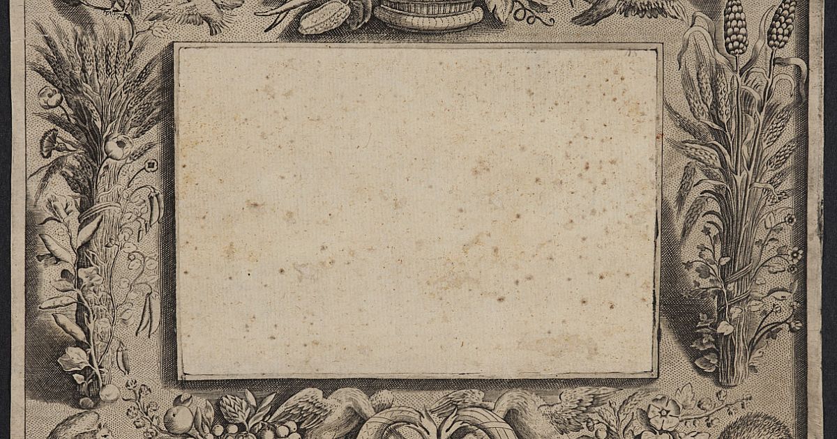 Kupferstich: Leeres Feld mit Zierrahmen (Vögel, Kleintiere, Ährenbündel) - Bayerisches ...