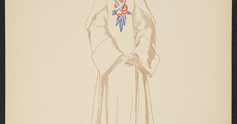 Lithografie: Frau in weißem Kleid (VS) und verschiedene Sonnenschirme ...