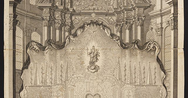 Kupferstich: Festdekoration vor dem Hochaltar der Jesuitenkirche Sankt Franz Xaver in Luzern ...