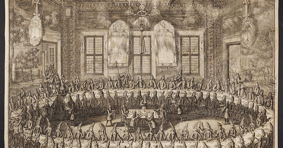 Kupferstich: Darstellung der Hochzeitstafel anlässlich der Vermählung von Zar Peter dem Großen ...