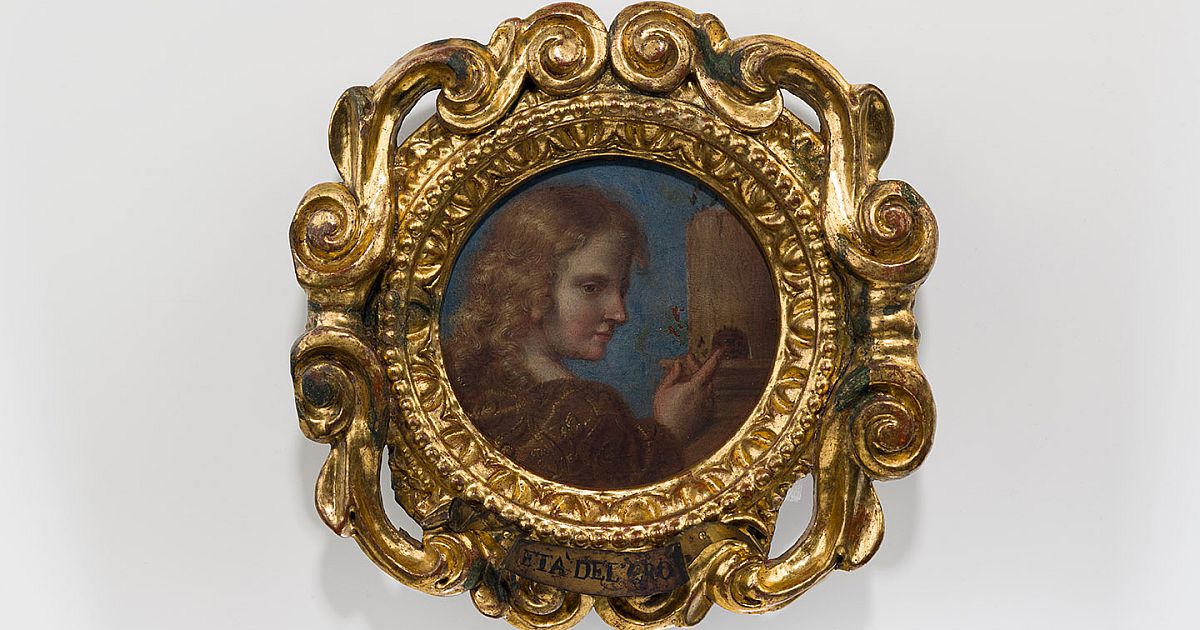 Gemälde im Rahmen: Mädchen oder Jüngling in Goldbrokatkleid, auf einem ...